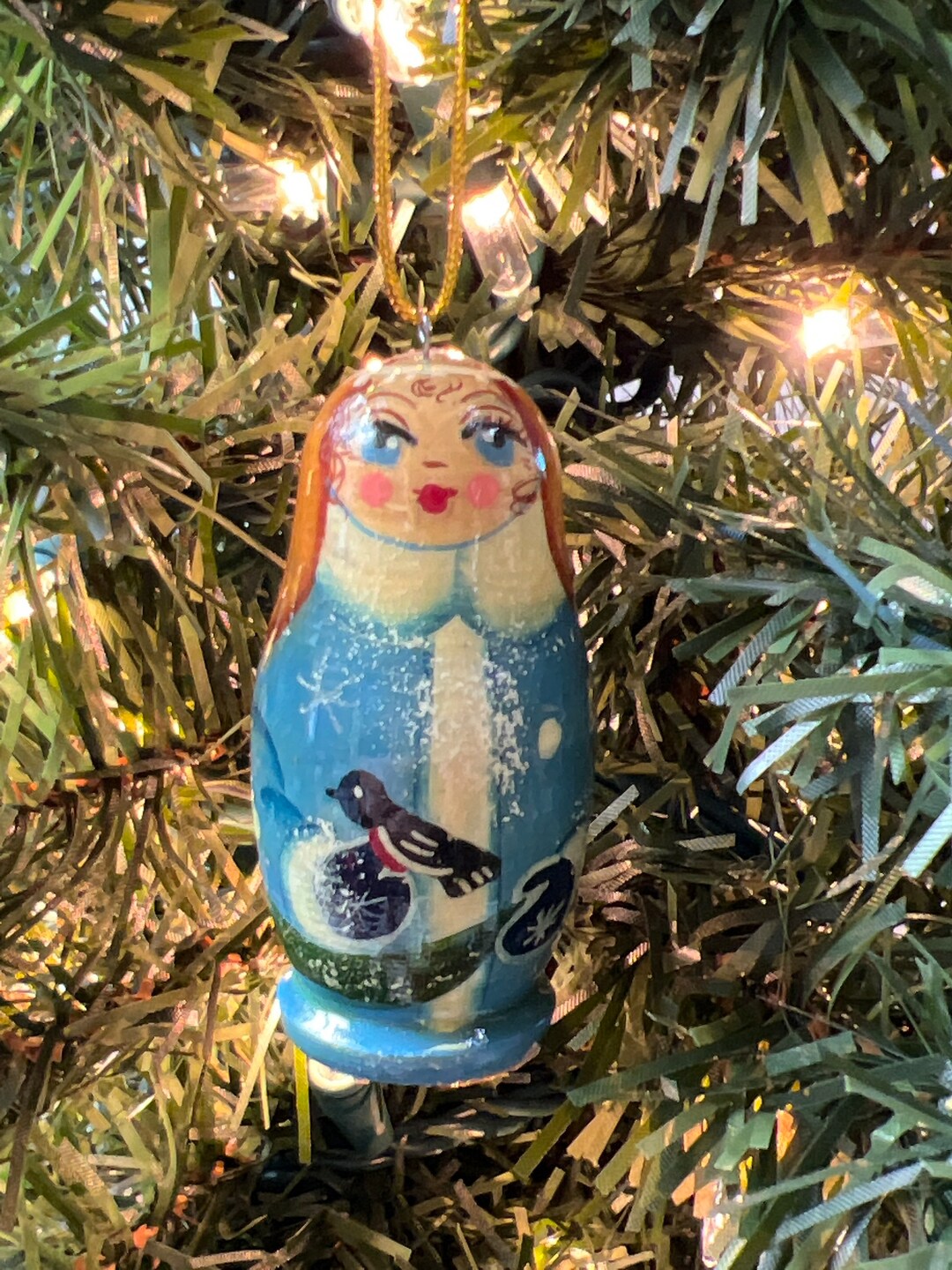 Folk Art Girl Matryoshka Blue Eyed Angel With Bird Wooden Ornament - Etsy