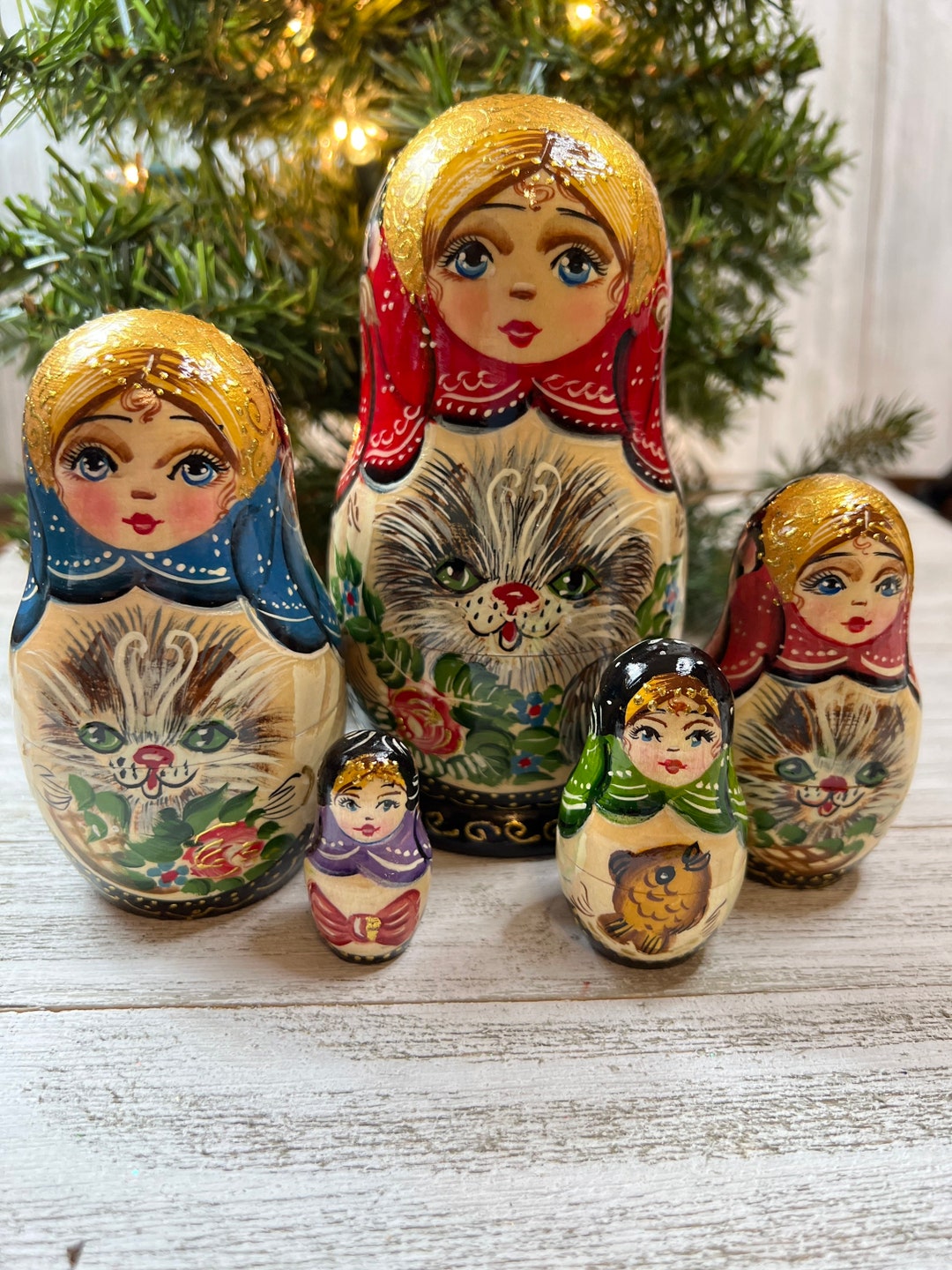 Folk Art Matryoshka Nesting Dolls Girl With Kittens and a Fish - Etsy