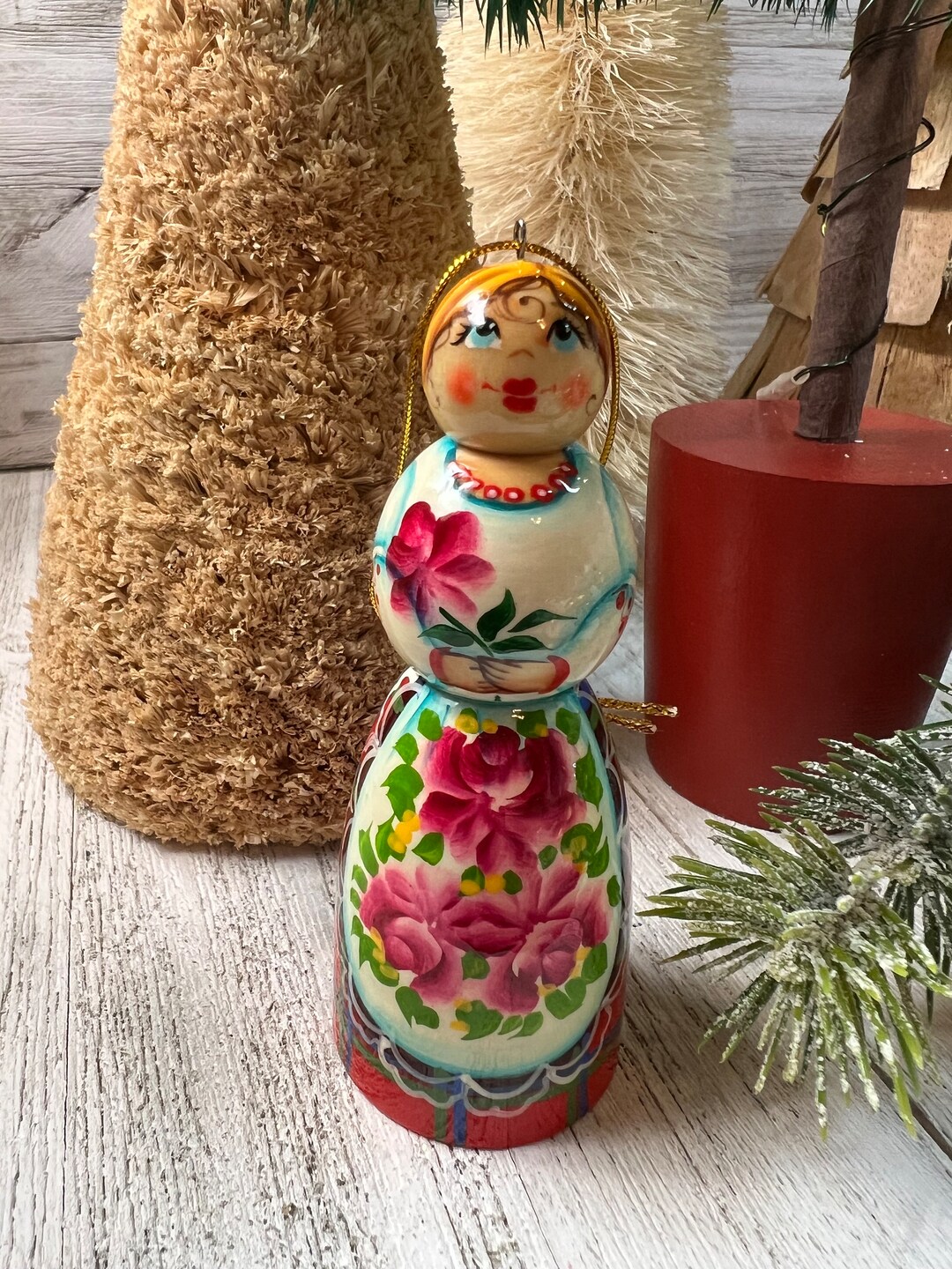 Folk Art Lady in Lovely Floral Gown Cottage Made Wooden Matryoshka ...