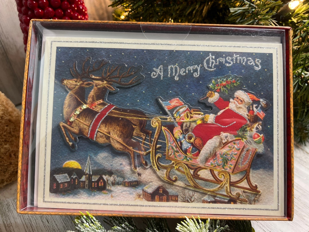 Punch Studio Santa in Sleigh Die Cut With Reindeer 15 Holiday Greeting ...