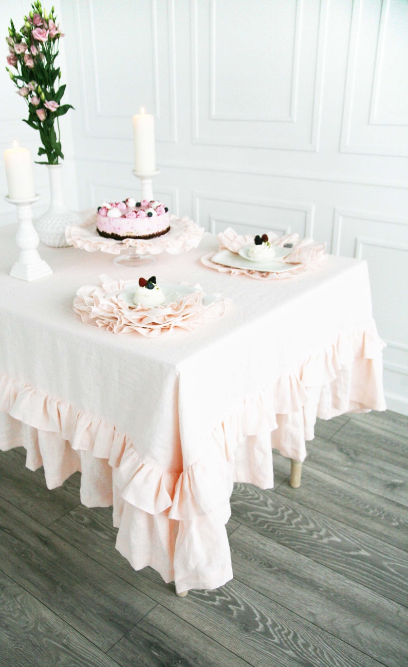 Double Ruffle Light Pink Tablecloth/custom Pastel Soft Linen Tablecloth ...