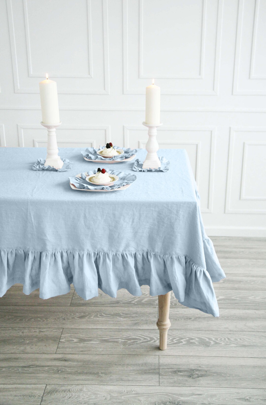 Linen Ruffled Baby Blue Tablecloth | Custom Pastel Tablecloth From Soft ...