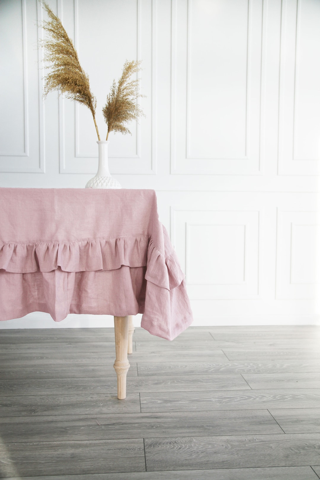 Double Ruffle Dusty Rose Tablecloth 140x200 Cm | Handmade Pastel Linen ...
