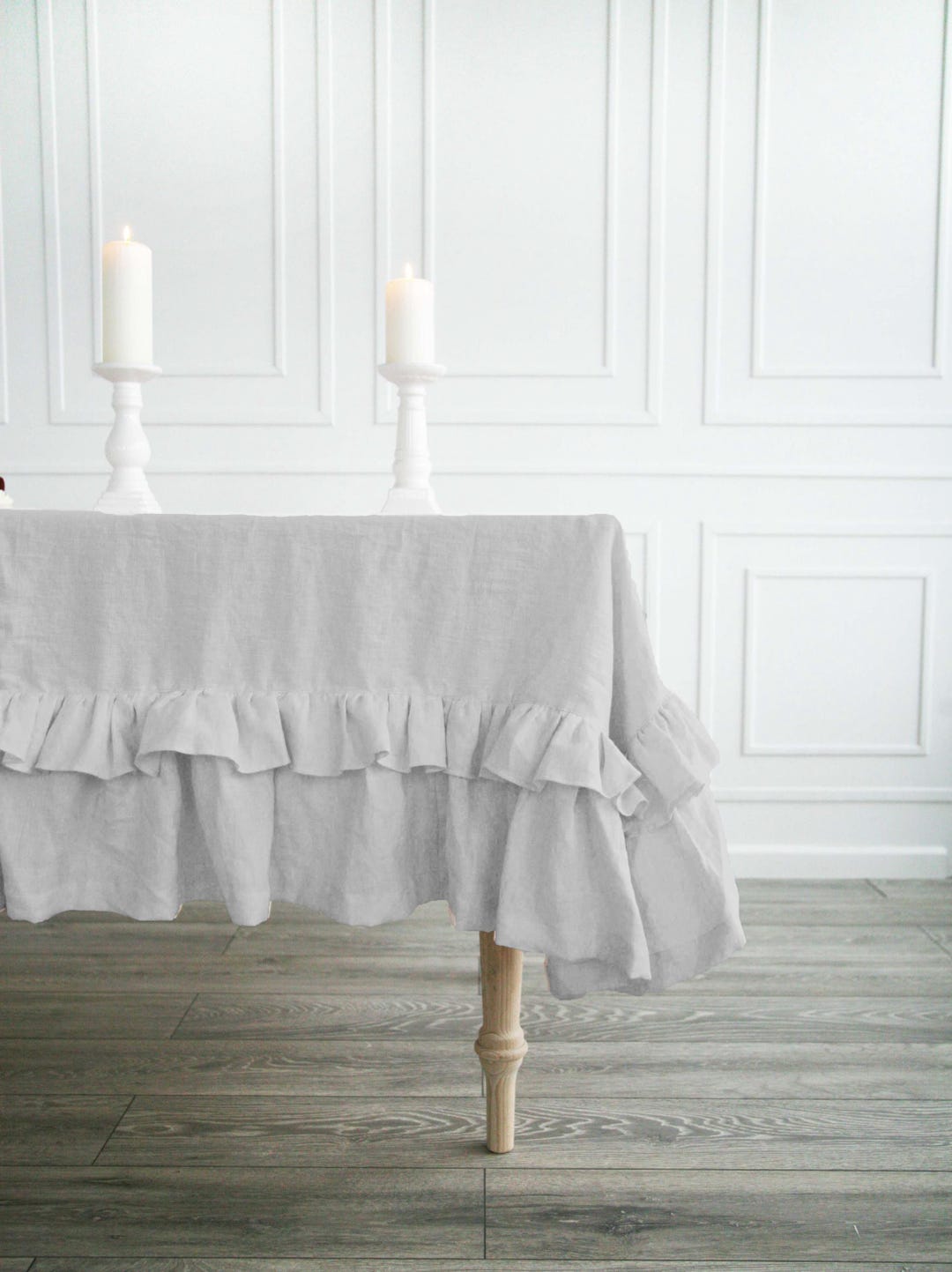 Double Ruffle Extra Large Light Gray Tablecloth/custom Pastel Linen ...