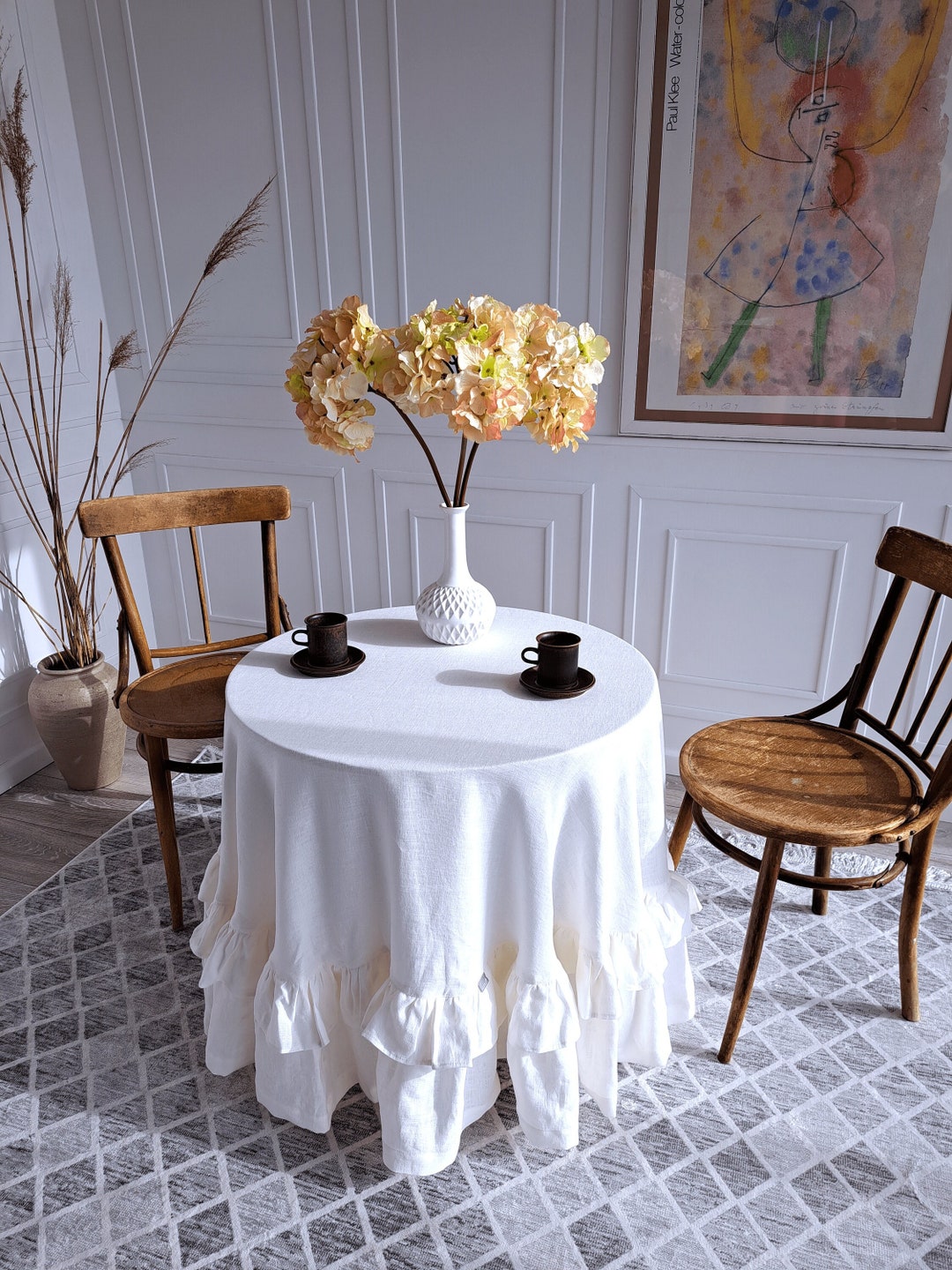 Round Extra Large Tablecloth With Double Ruffle/custom off White Linen ...