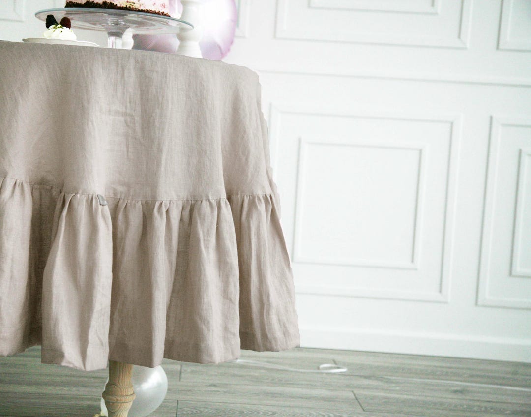 Extra Large Round Ruffled Natural Tablecloth / Custom Soft Pink Linen ...