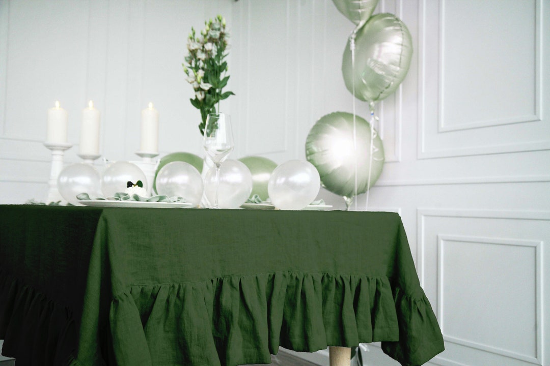 Linen Ruffled Forest Green Tablecloth | Custom Tablecloth From Soft ...