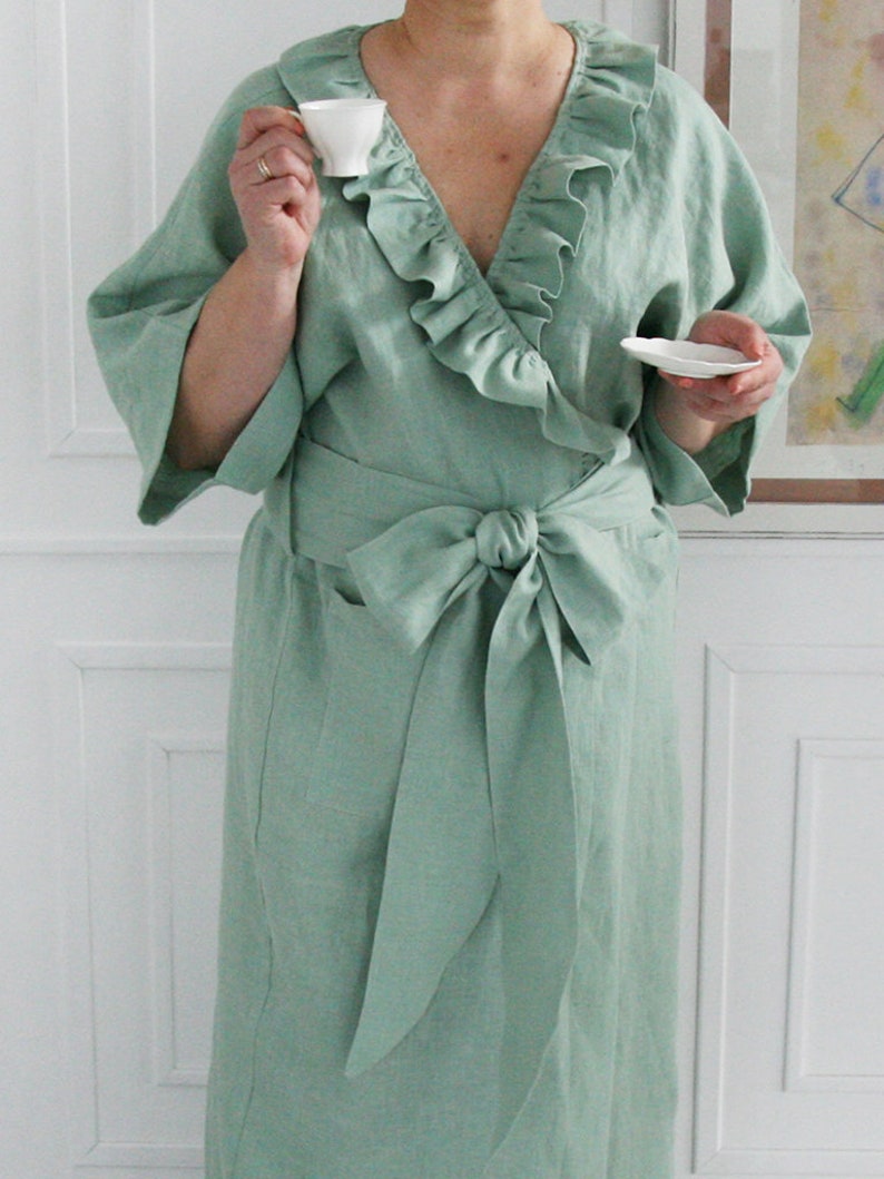 Ruffled Stonewashed Linen Kimono|handmade Woman Wrap Dress From Organic ...