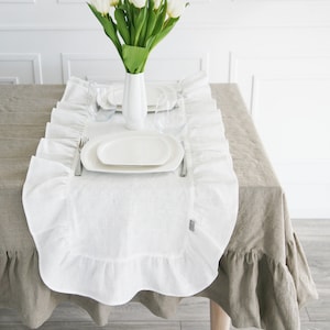 Ruffled Table Runner From Stone Washed Linen | Custom Handmade Table ...