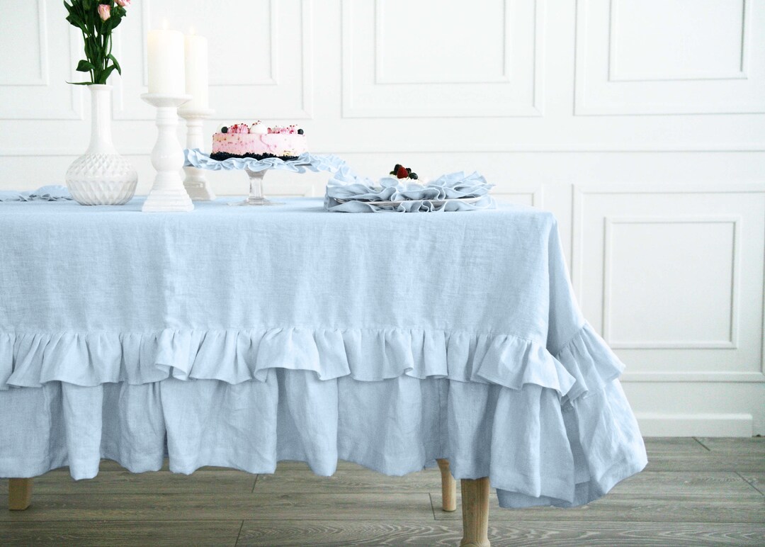Double Ruffle Light Blue Tablecloth/custom Pastel Linen Tablecloth ...