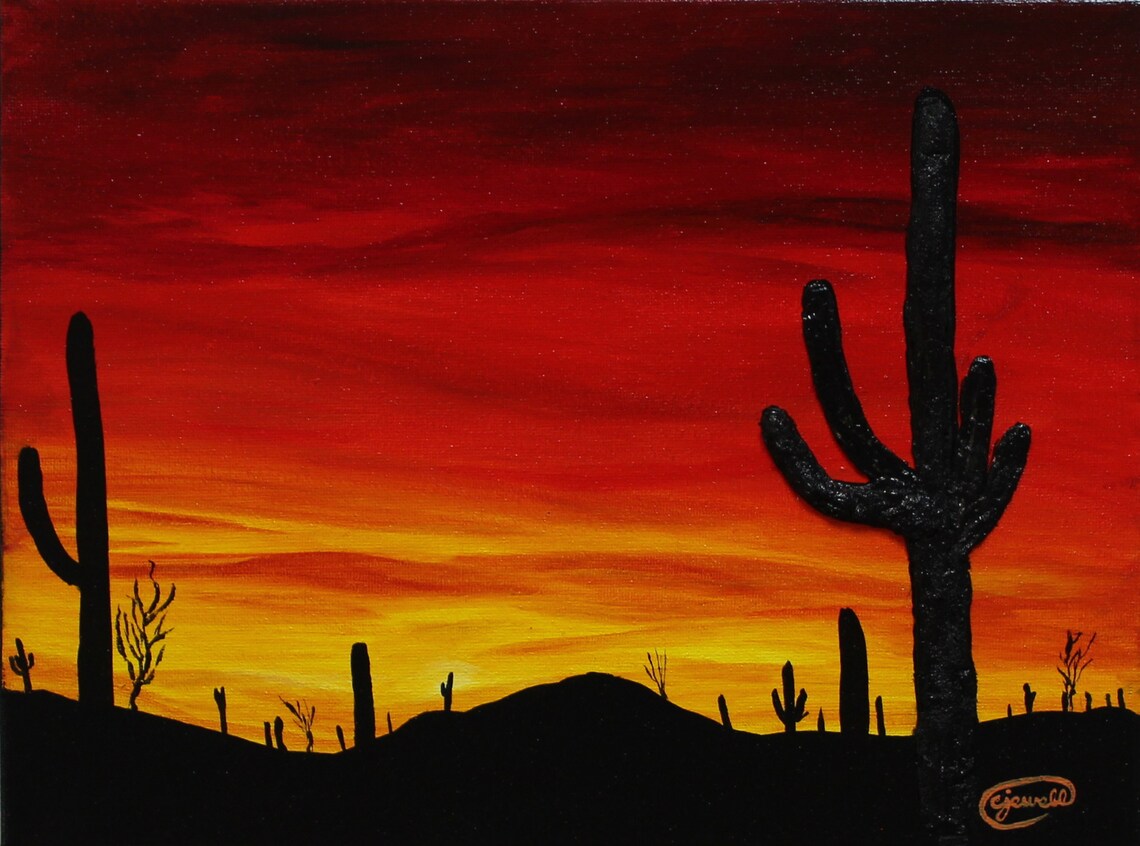 Days Last Light- Arizona Sunset Art -9x12- Landscape Art- Saguaro ...