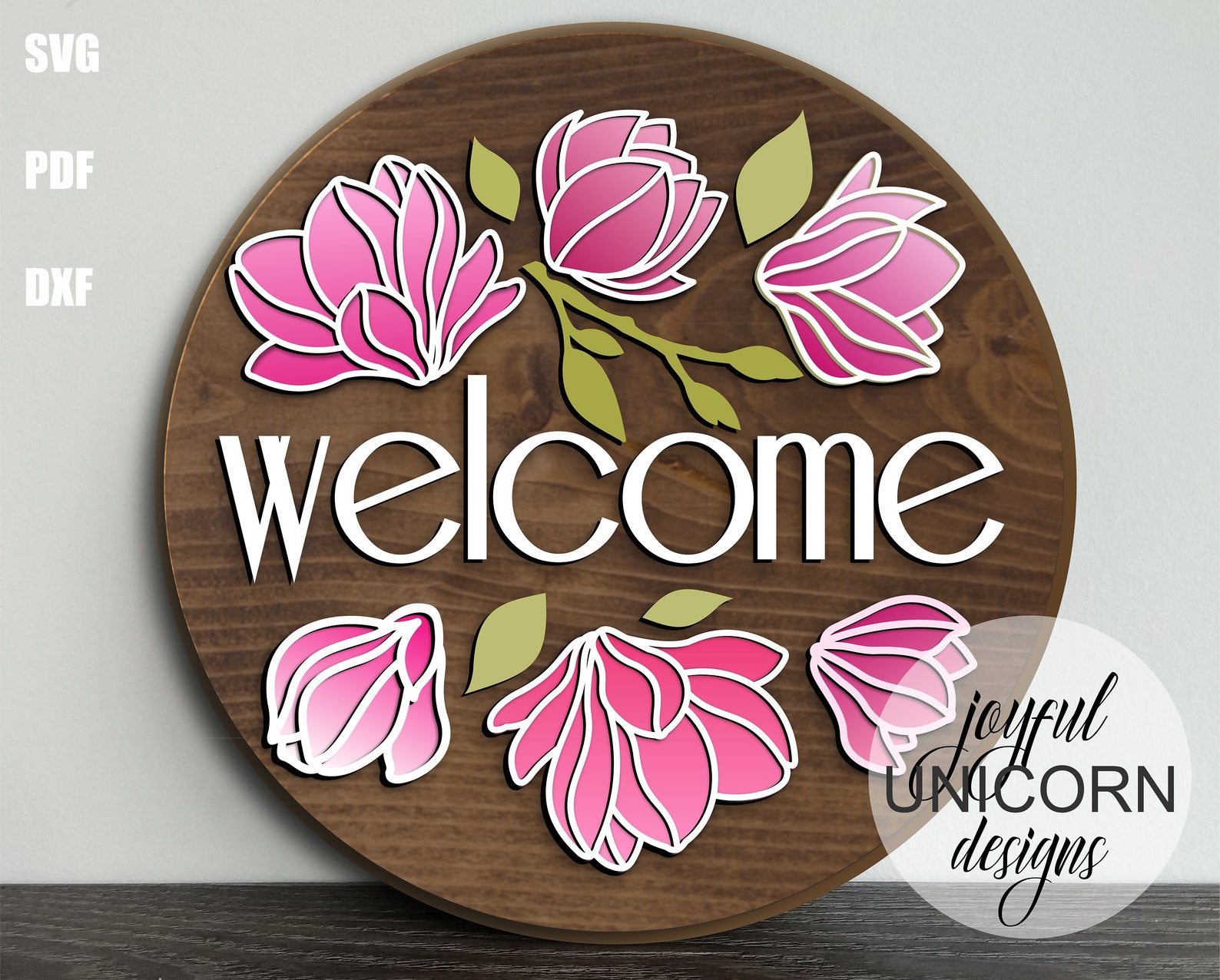 Magnolia Welcome Sign SVG, Floral Door Hanger SVG, Spring Wood Round ...