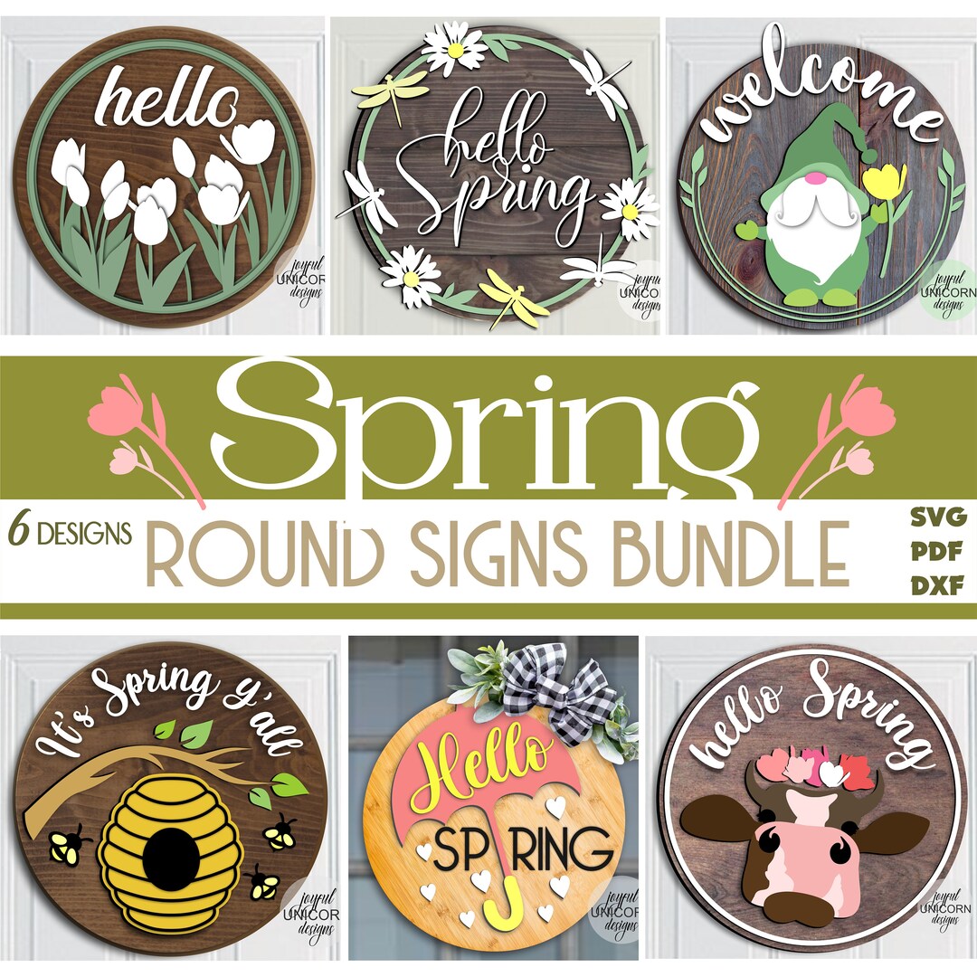 Spring Round Sign SVG Bundle, Hello Spring Door Hanger SVG, Spring ...