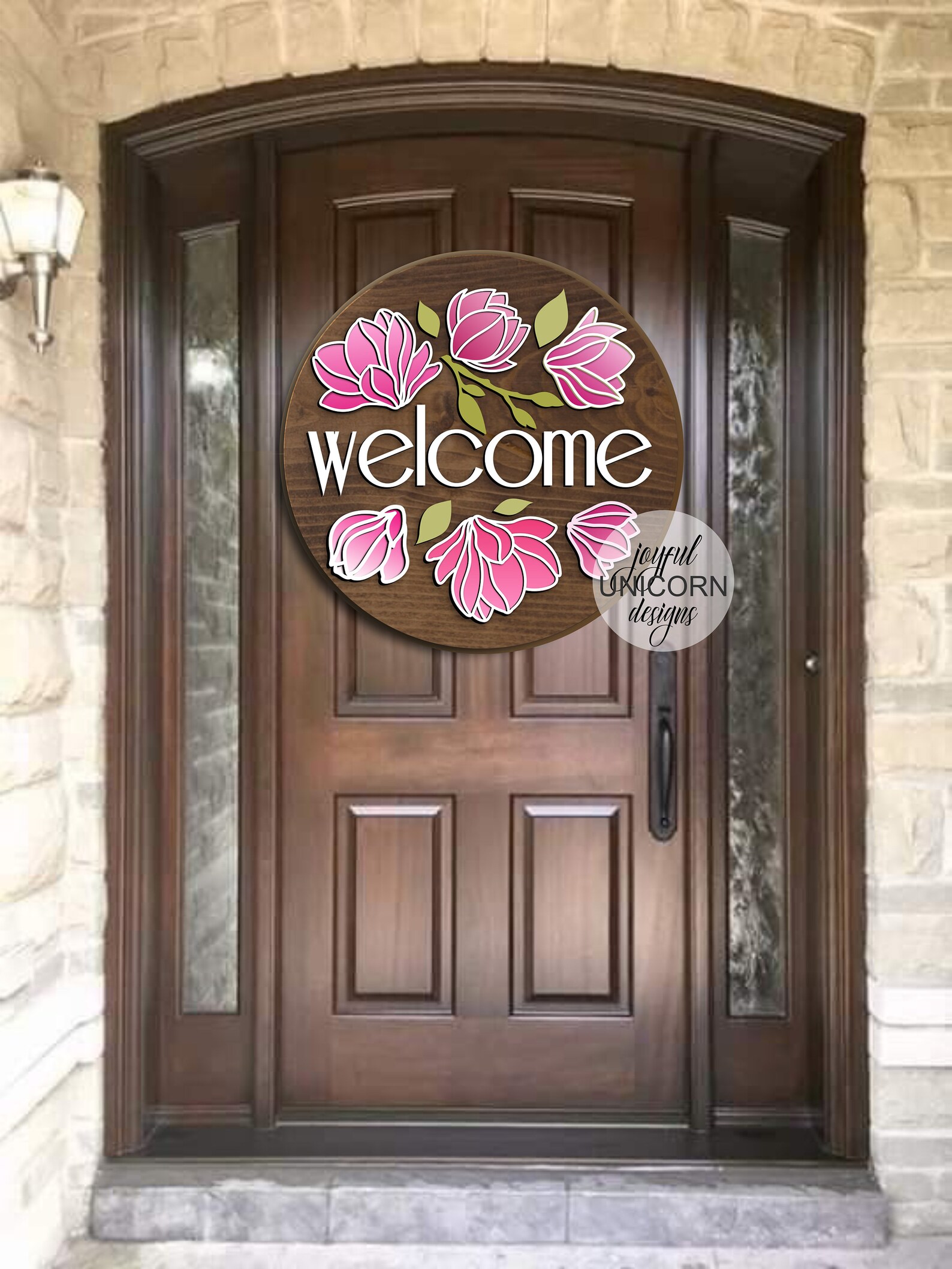 Magnolia Welcome Sign SVG, Floral Door Hanger SVG, Spring Wood Round ...
