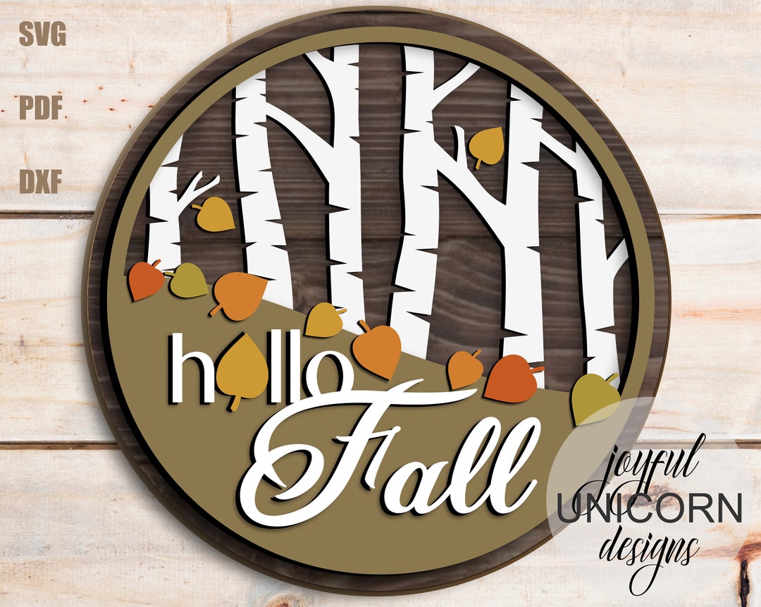 Hello Fall Round Welcome Sign SVG, Birch Tree Door Hanger SVG, Autumn ...