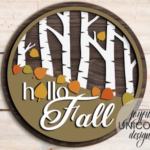 Hello Fall Round Welcome Sign SVG, Birch Tree Door Hanger SVG, Autumn ...