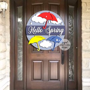 Hello Spring Round Sign SVG, Umbrella Door Hanger SVG, Spring Welcome ...