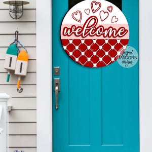 Valentines Day Welcome Sign SVG, Wood Round Sign SVG, Heart Door Hanger ...