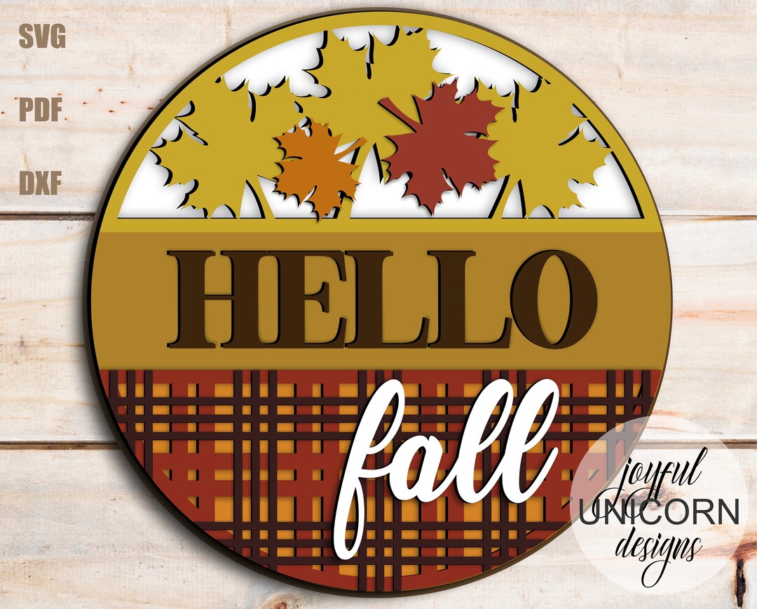 Hello Fall Round Sign SVG Maple Leaves Door Hanger SVG - Etsy