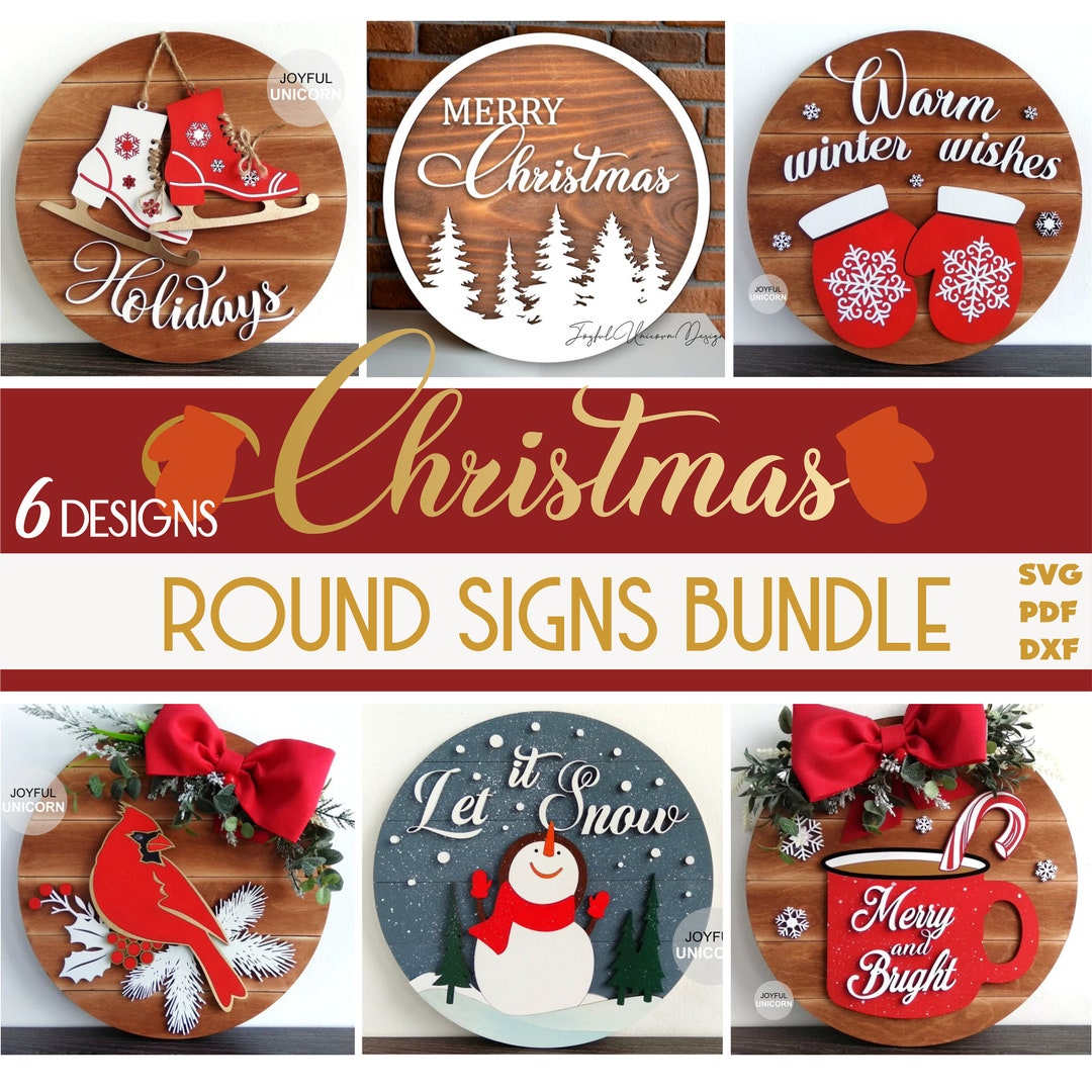 Christmas Round Signs SVG Bundle, Merry and Bright Sign, Snowman Sign ...