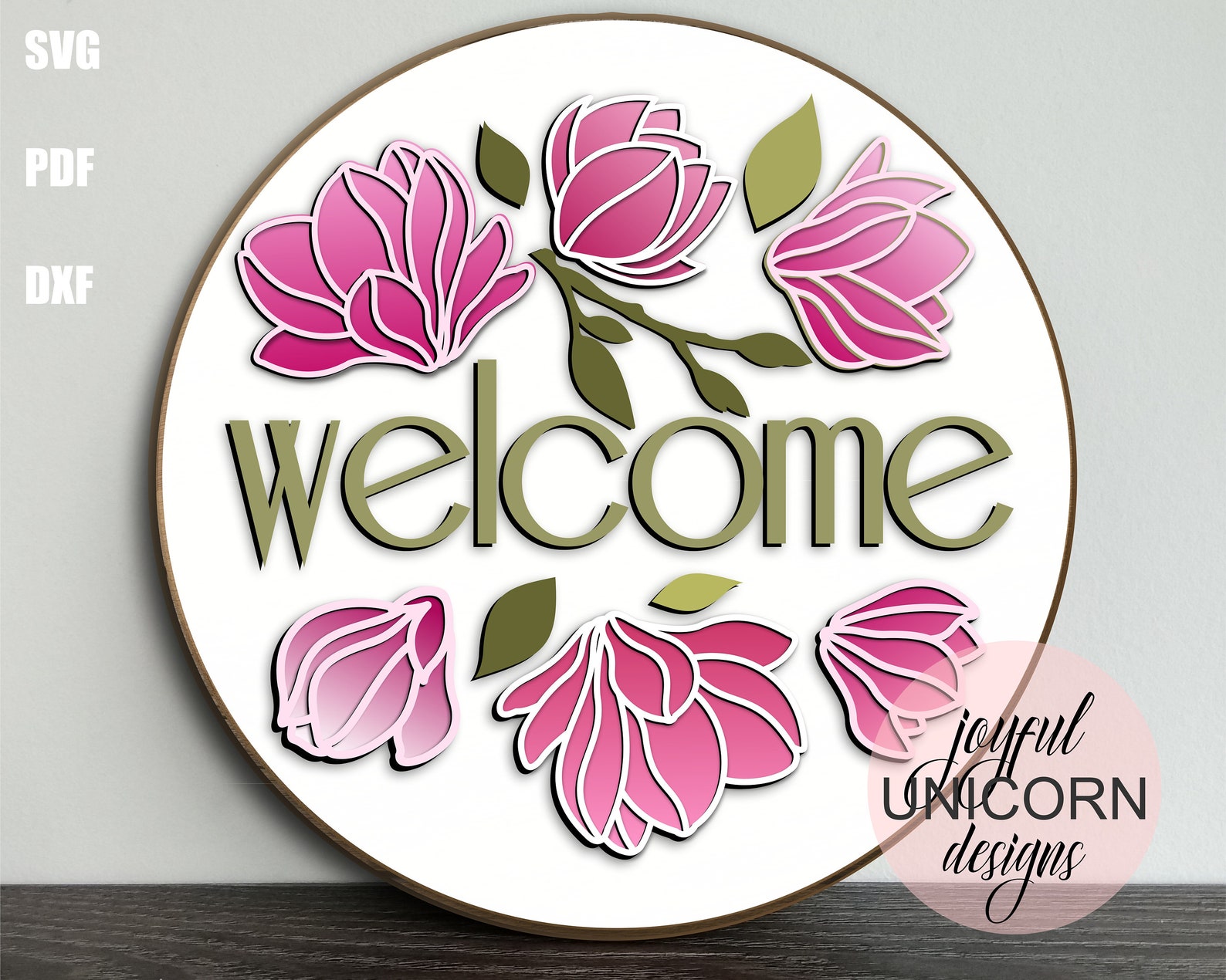 Magnolia Welcome Sign SVG, Floral Door Hanger SVG, Spring Wood Round ...