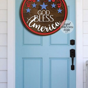 God Bless America Round Sign SVG, Patriotic Door Hanger SVG, Round Wood ...