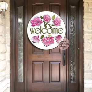 Magnolia Welcome Sign SVG, Floral Door Hanger SVG, Spring Wood Round ...