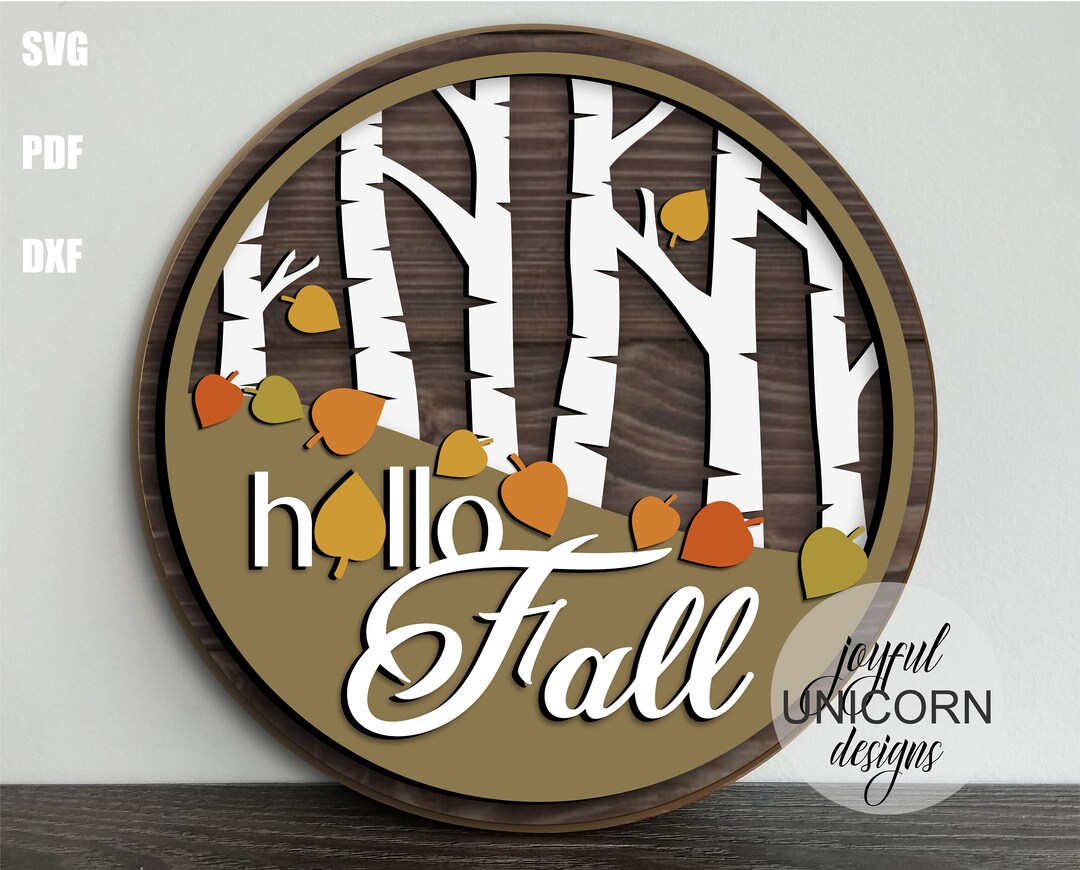 Hello Fall Round Welcome Sign SVG, Birch Tree Door Hanger SVG, Autumn ...