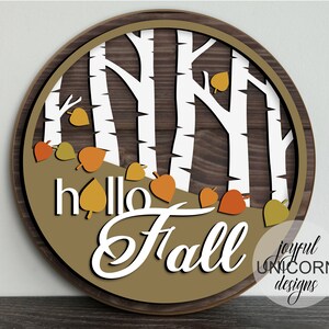 Hello Fall Round Welcome Sign SVG, Birch Tree Door Hanger SVG, Autumn ...