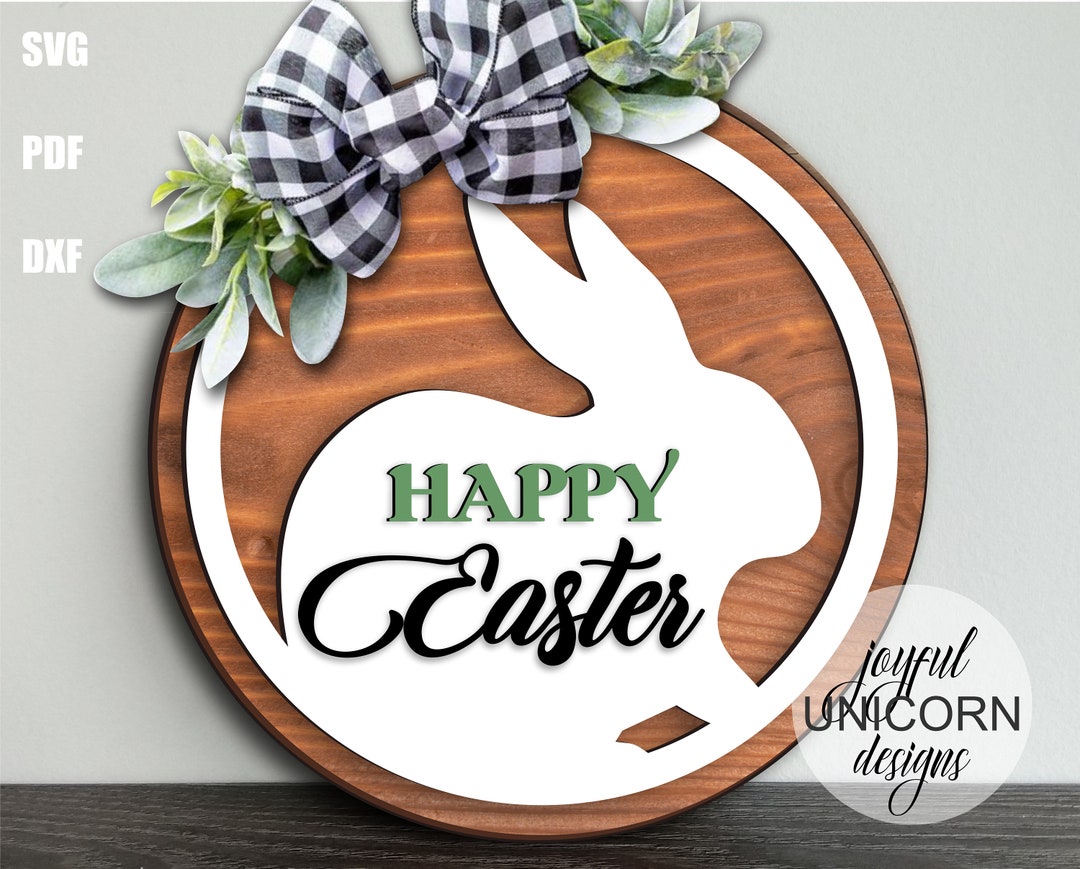Happy Easter Round Sign SVG, Easter Bunny Door Hanger SVG, Easter ...