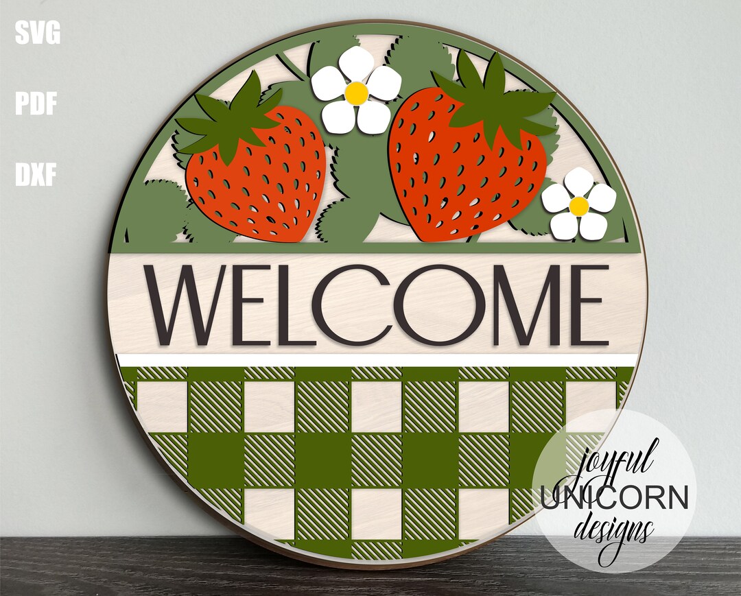 Strawberry Welcome Sign SVG, Summer Door Hanger SVG, Spring Wood Round ...