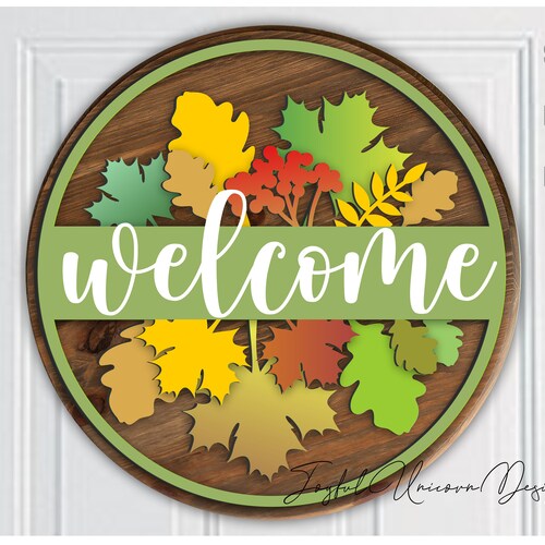 Fall Leaves Round Sign SVG Umbrella Door Hanger SVG Autumn - Etsy
