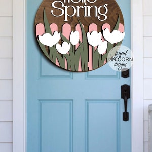 Hello Spring Door Hanger SVG, Tulip Wood Round Sign, Spring Fence SVG ...