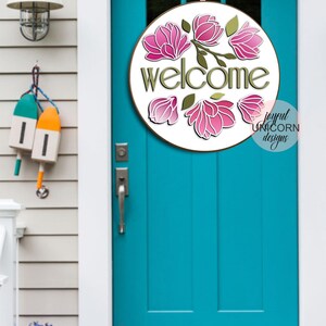 Magnolia Welcome Sign SVG, Floral Door Hanger SVG, Spring Wood Round ...