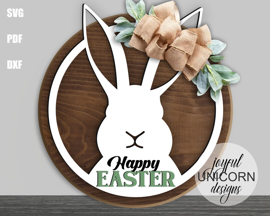 Happy Easter Round Sign SVG, Easter Bunny Door Hanger SVG, Wood Round ...