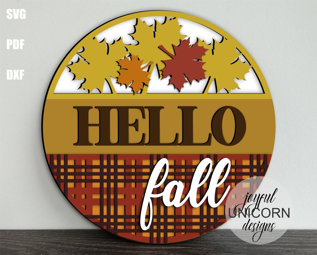 Hello Fall Round Sign SVG, Maple Leaves Door Hanger SVG, Autumn Welcome ...