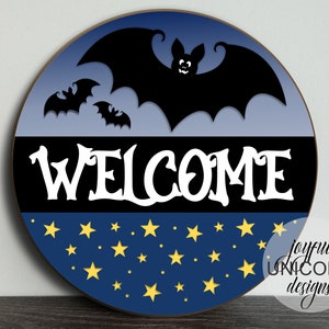 Halloween Bat Welcome Sign SVG, Cute Halloween Door Hanger, Laser Cut ...