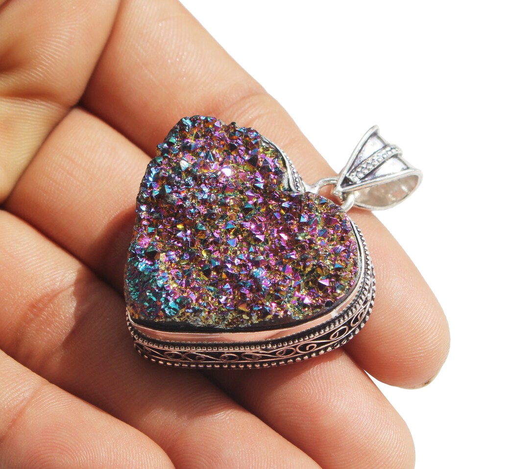 Heart Shape Coated Druzy Pendant, Coated Druzy Gemstone Pandant, Designer Pendant, 925 Sterling ...