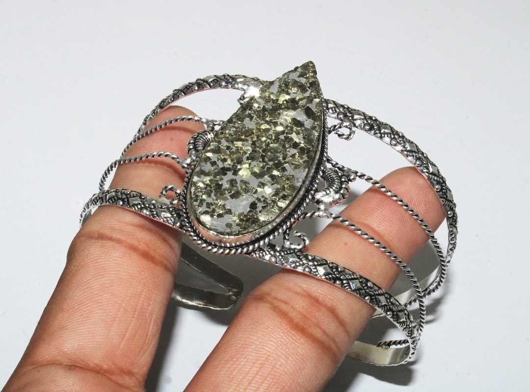 Natural Pyrite Druzy Bangle, Pyrite Druzy Gemstone Bangle, Designer Cuff Bangle, Adjustable Cuff ...