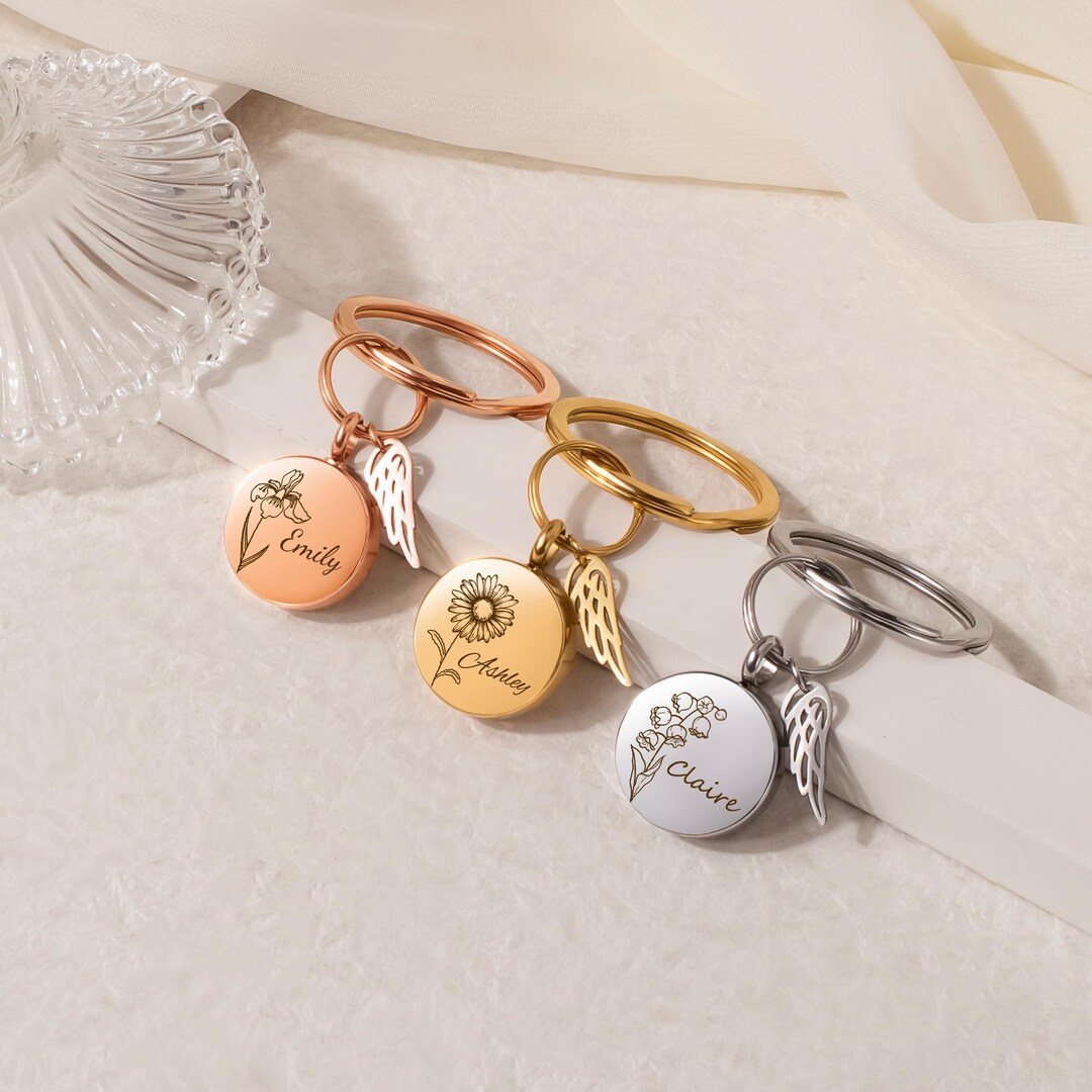 Custom Birth Flower and Name Urn Keychain for Ashes - Cremation Jewelry ...