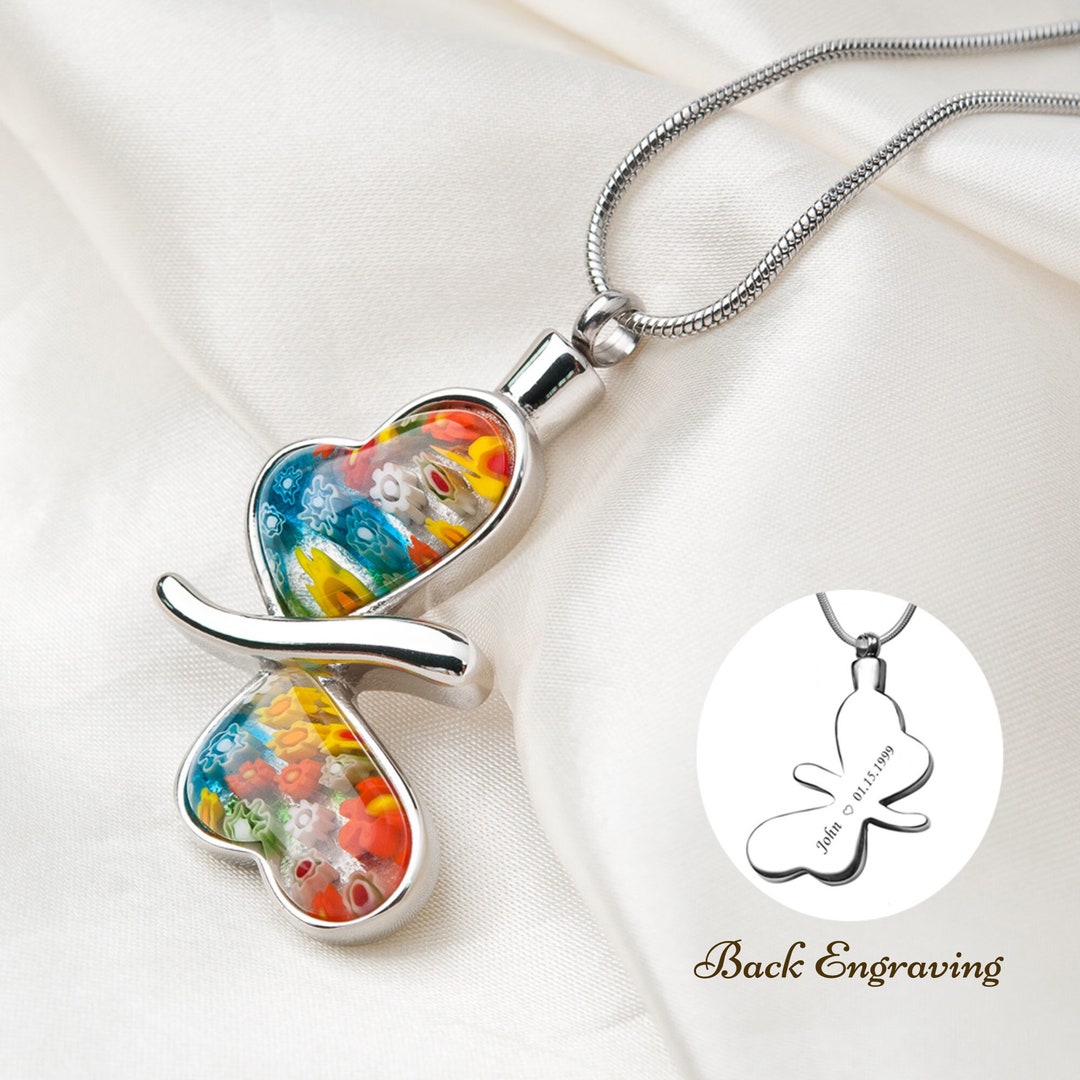 Urn Necklace for Human Ashes - Custom Engraved Flower Patch Butterfly ...