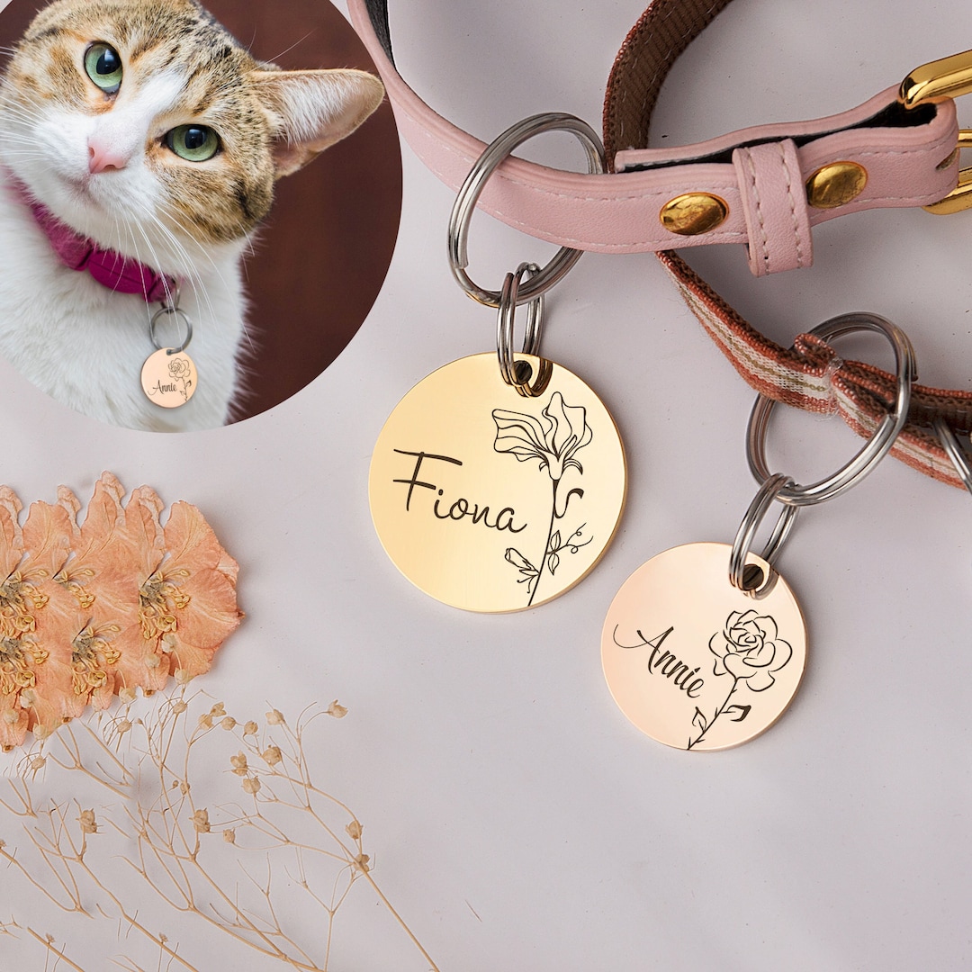Cat Id Tag - Pet Name Tag With Birth Flowers - Cat Tag Girl - Cat Tag ...