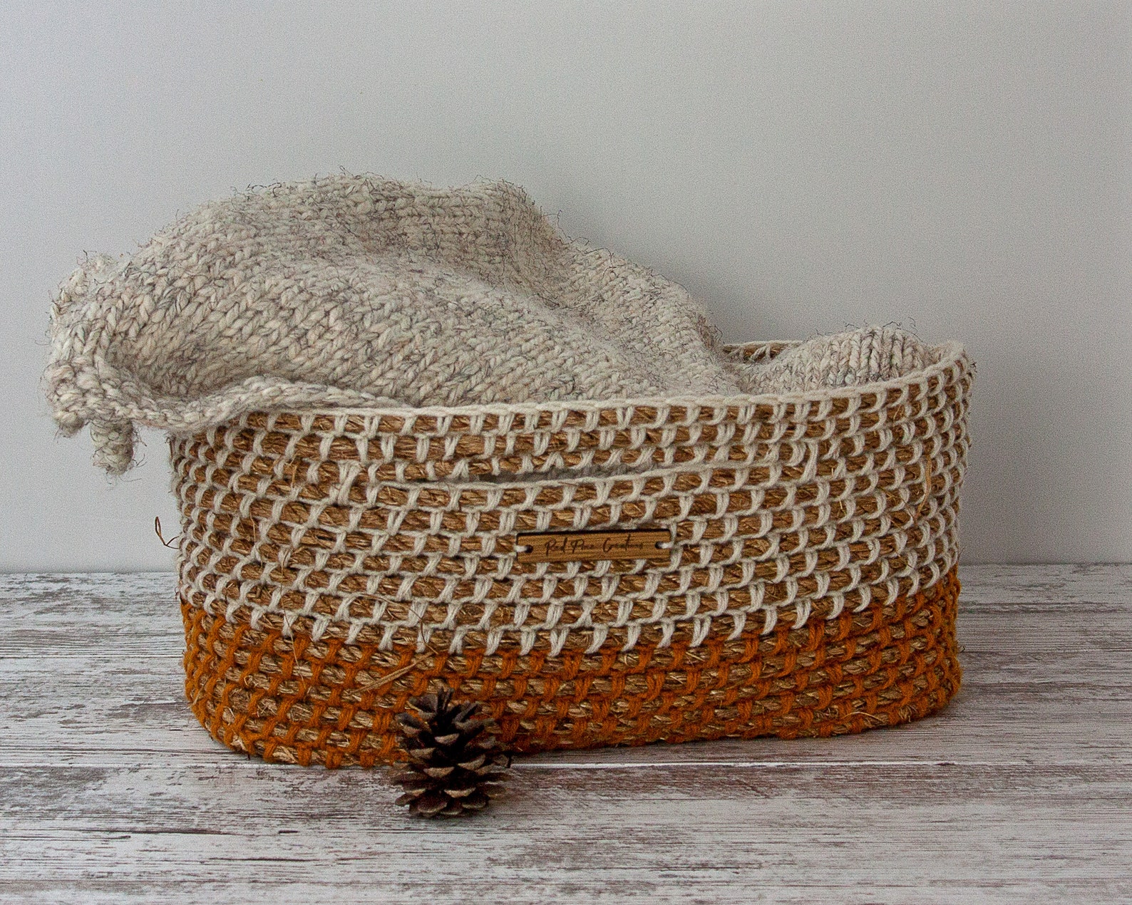 Golden Rust Storage Basket-rustic Home Décor-crochet Rope Basket ...