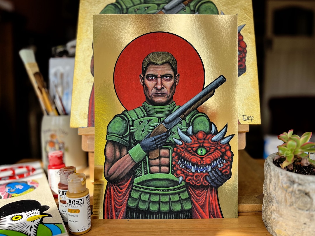 Doomguy and Cacodemon Gold Foil Art Print. Saint Slayer, a Unique Gift ...