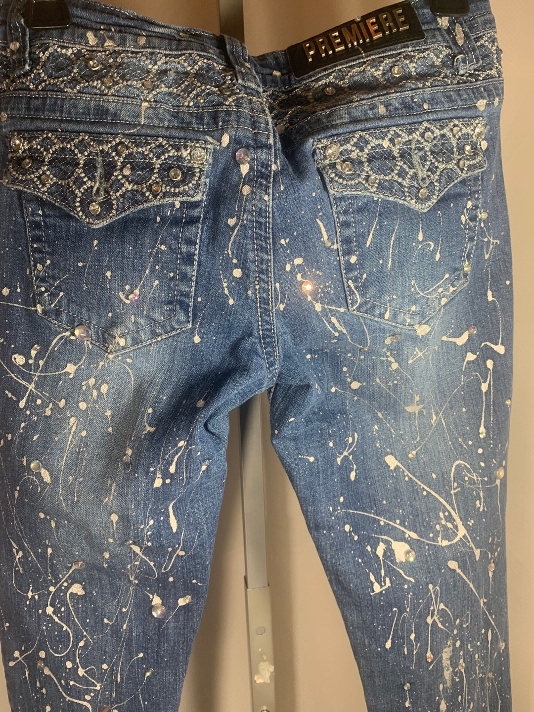 Premier Brand Silver Paint Splattered Crystal Embellished Denim Jeans ...