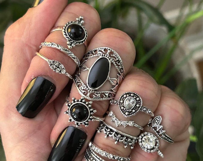 The Goth Queen 12pc Silver Stacking Ring Set - Etsy