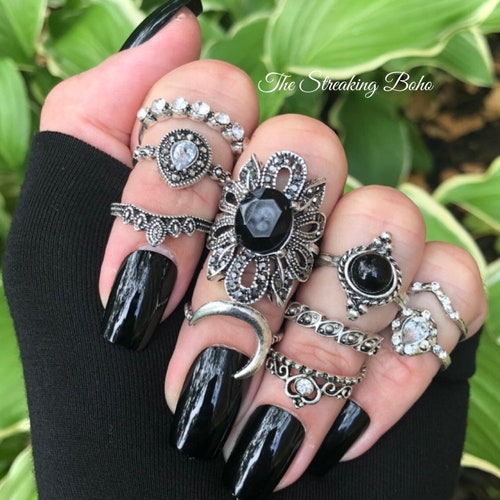 The Gothic Witchcraft 12pc Stacking Ring Set With Black Onyx - Etsy