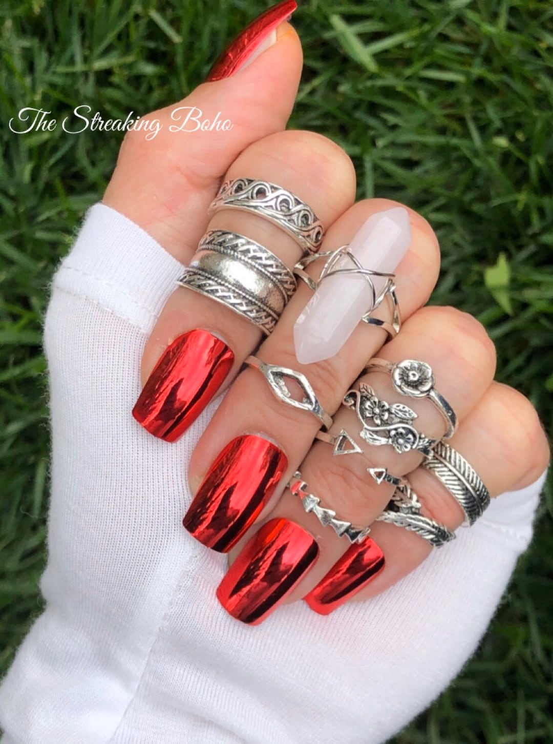 10 Pc Silver Boho Stacking Ring Set With Adjustable Rose Quartz Ring - Etsy