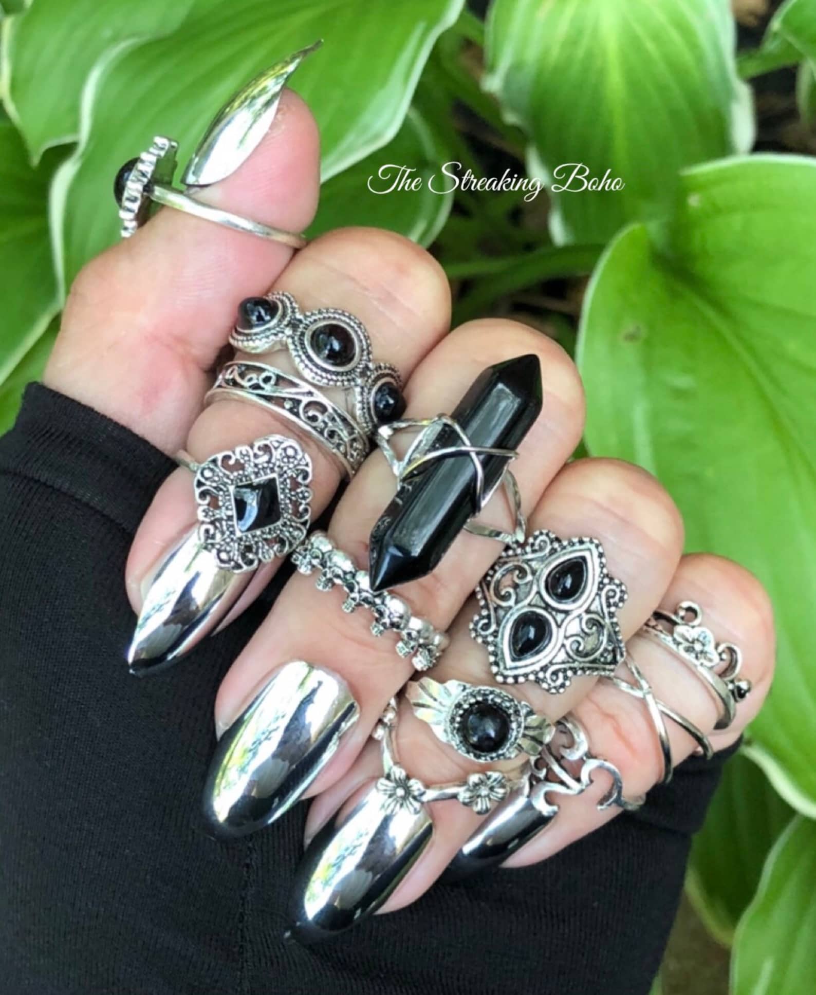 The Gothic Witchcraft 12pc Stacking Ring Set With Black Onyx Wire ...