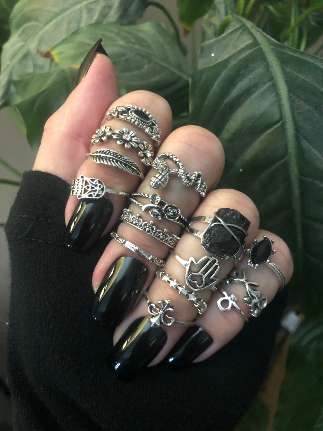 15pc Gothic Stacking Ring Set With Adjustable Raw Black Tourmaline Ring ...